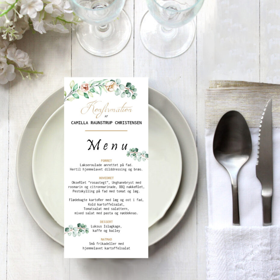 Menukort til konfirmation – trykt og leveret | Magiske Tider