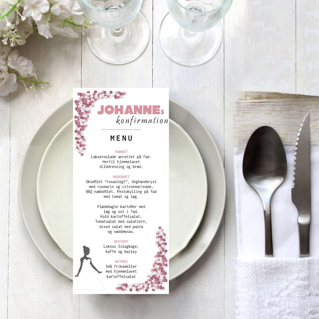 Menukort | Konfetti - rosa ⋆ Magiske Tider