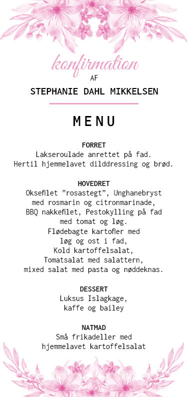 Menukort til konfirmation – Trykt og leveret | Magiske Tider